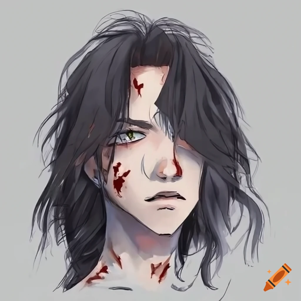 Man with long hair and a small scar over his nose with a paper crown ...