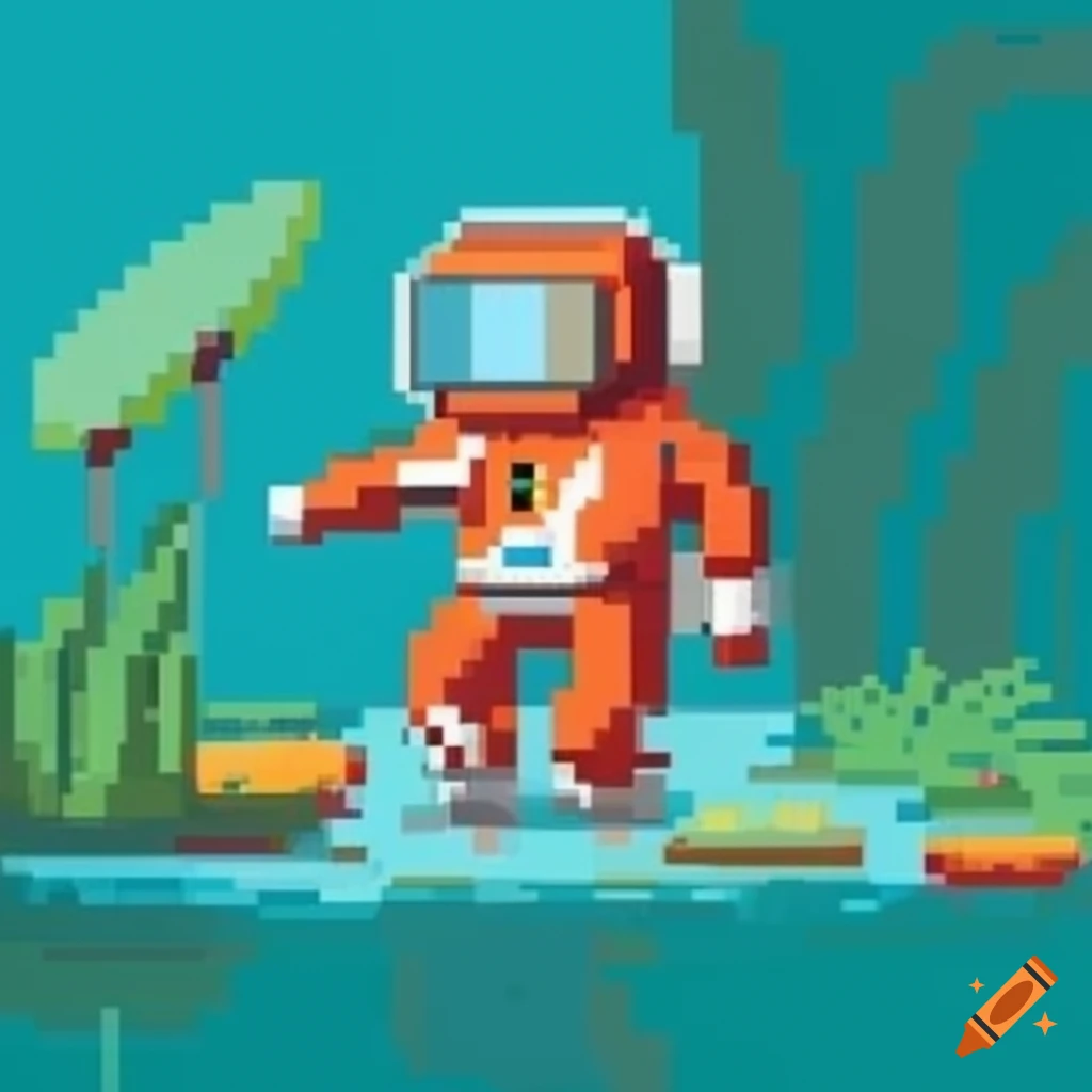 Pixel art of a spaceman with spacesuit like koi fish, surrounded by ...