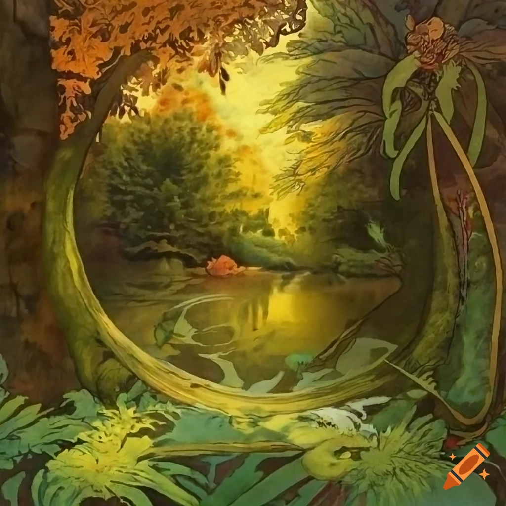 A dreamy landscape at daybreak with dandelion trees, exotic fan-shaped ...