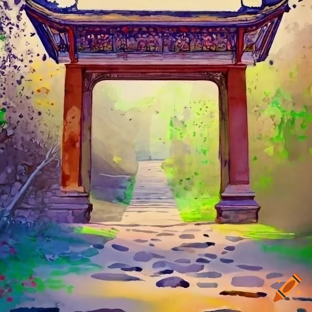 Watercolor stone path leading from the asian arch on Craiyon