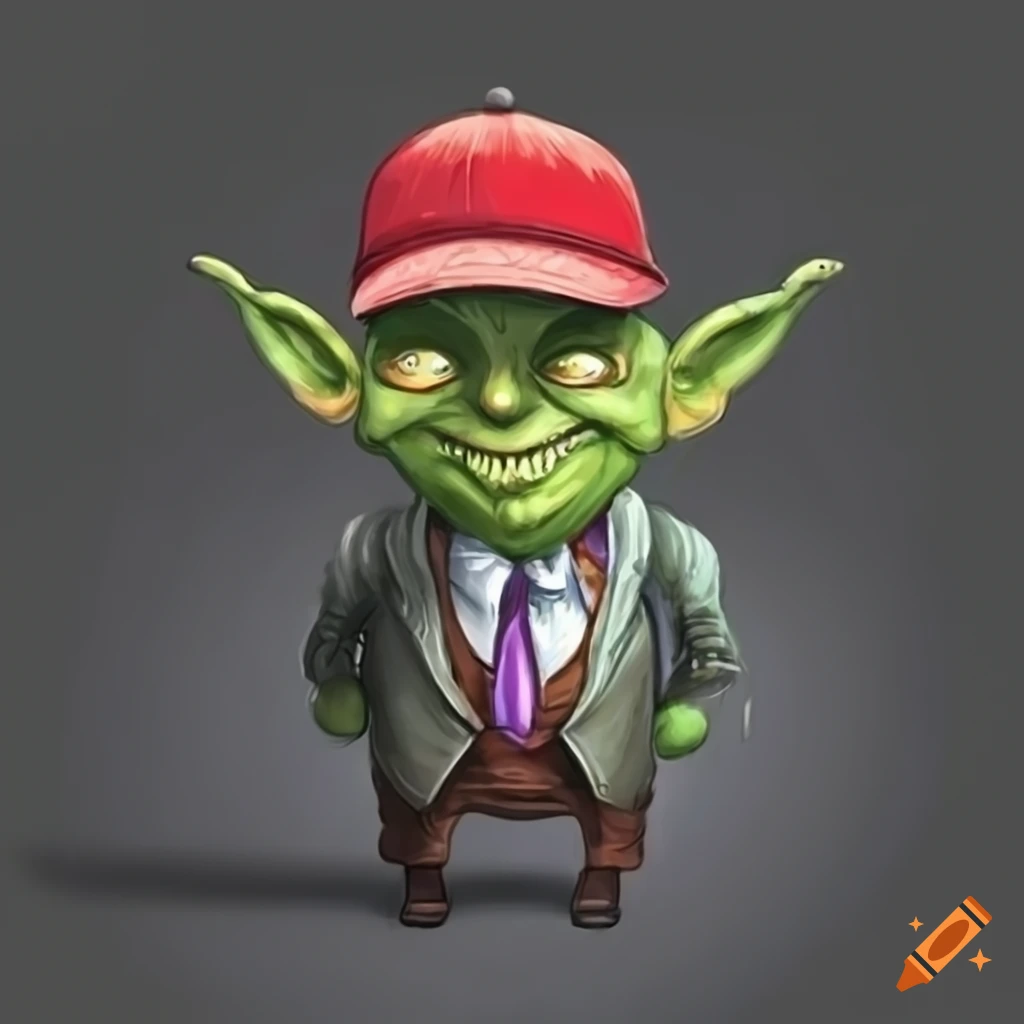 A goblin wearing a suit and a red baseball cap on Craiyon