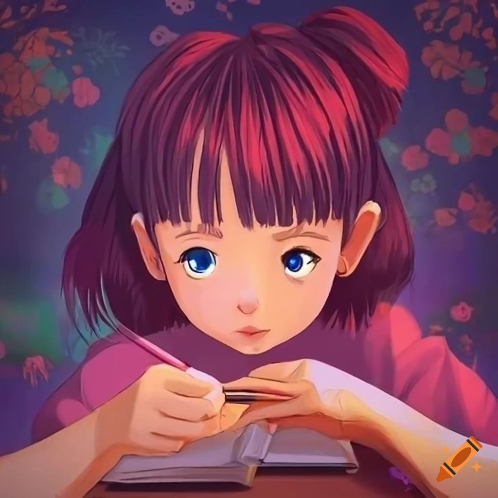 Digital art of a girl writing with a studio ghibli-inspired background