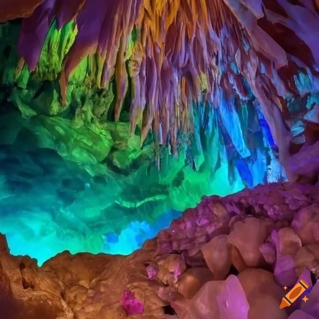 Wide cave with multicolored crystal deposits on Craiyon