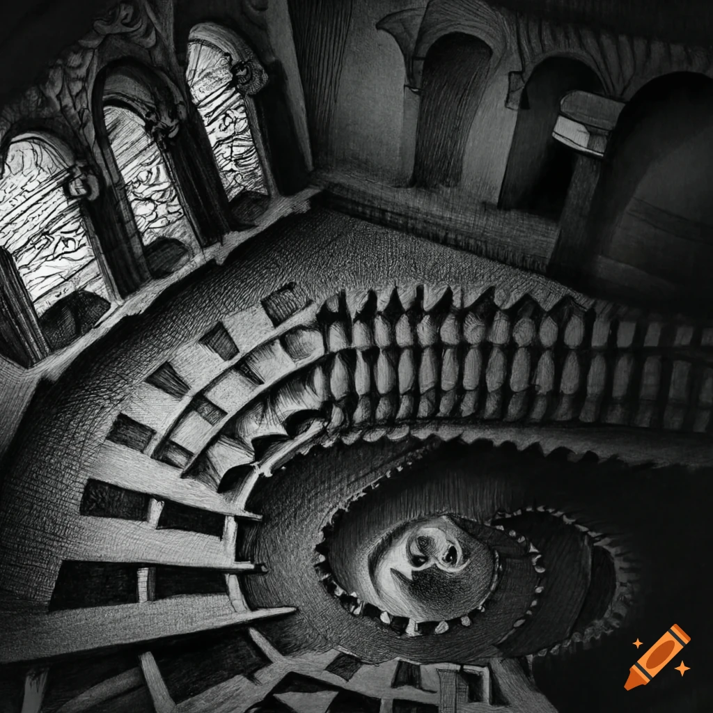 Mc escher style drawing version of relativity but in a theater on Craiyon