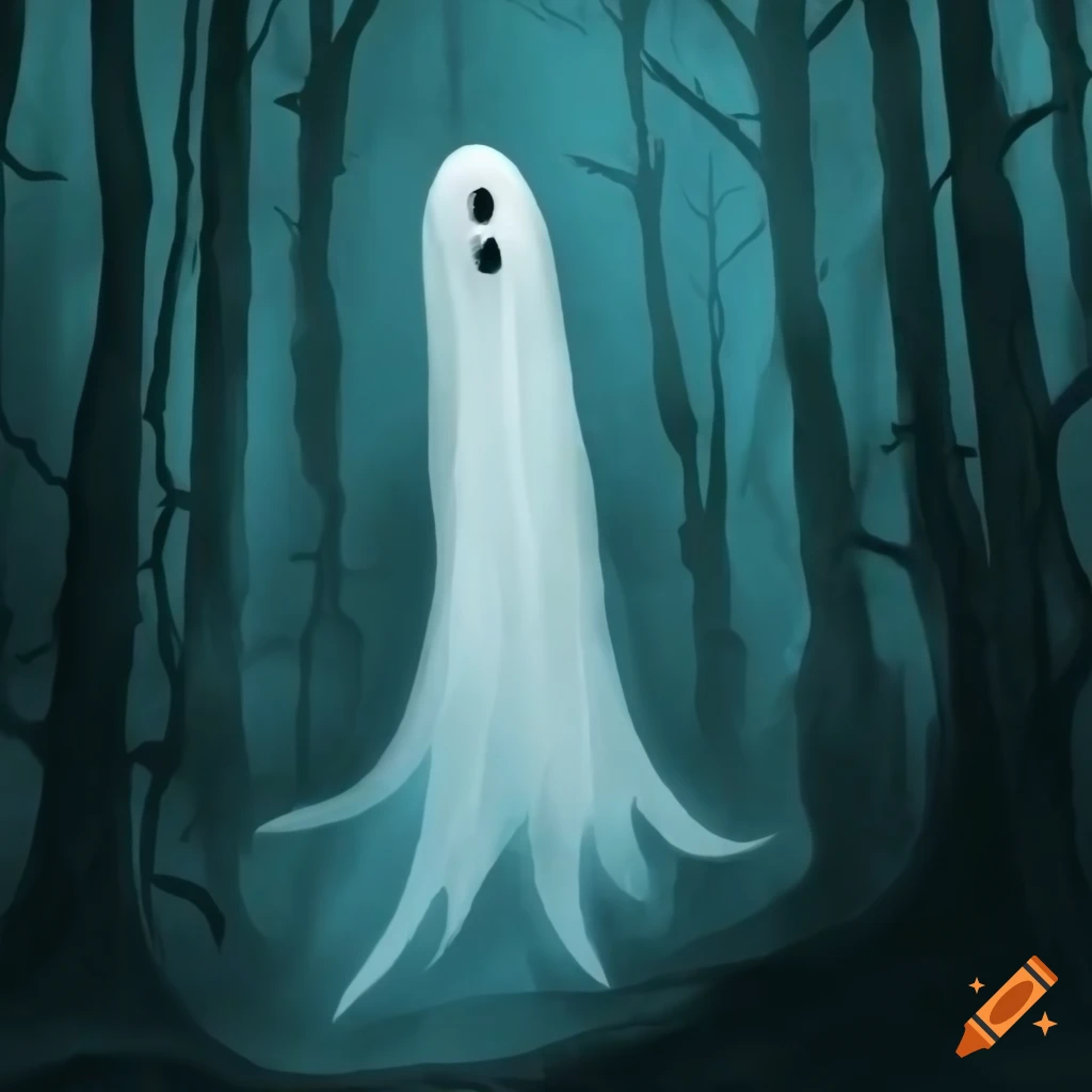Classic white sheet ghost, background haunted forest, luminosity ...