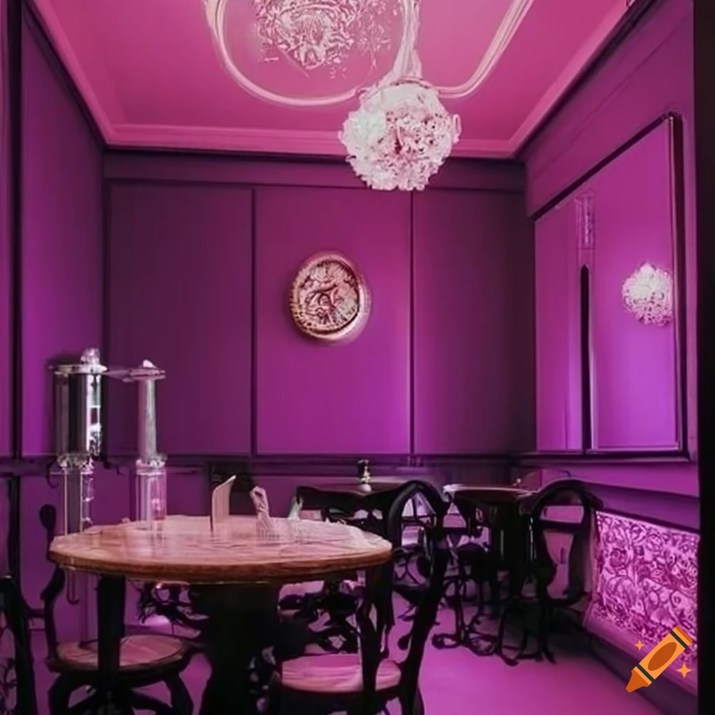 Ultrarealistic gothic-inspired cafe interior in violet and pink shades on Craiyon