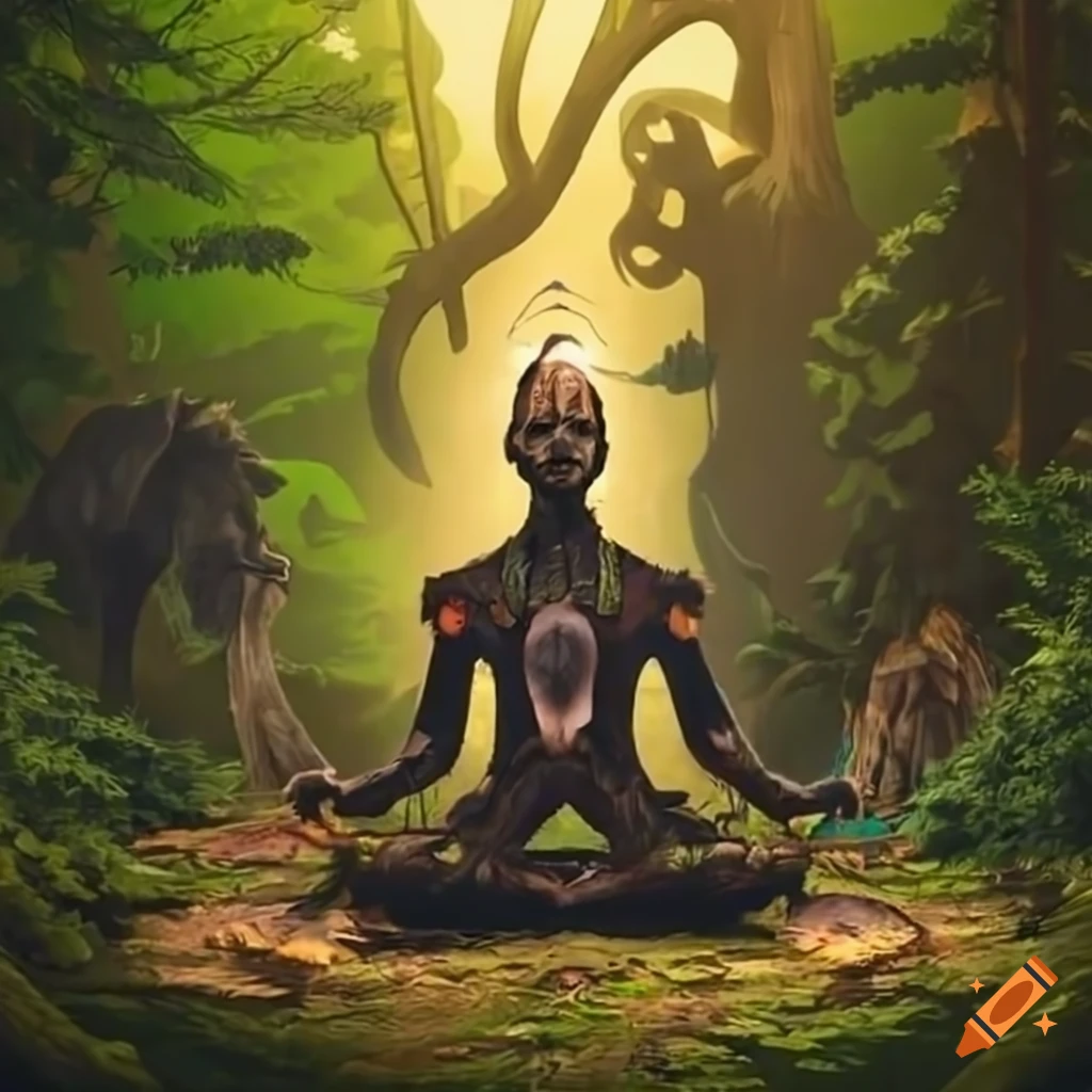 A shaman meditating under a giant tree surrounded by forest animals on ...