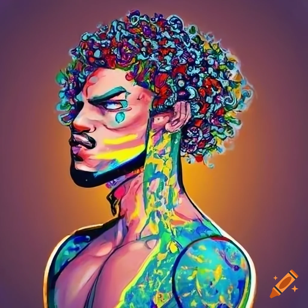 Handsome Colombian man, muscled, curly hair, straight, open shirt ...