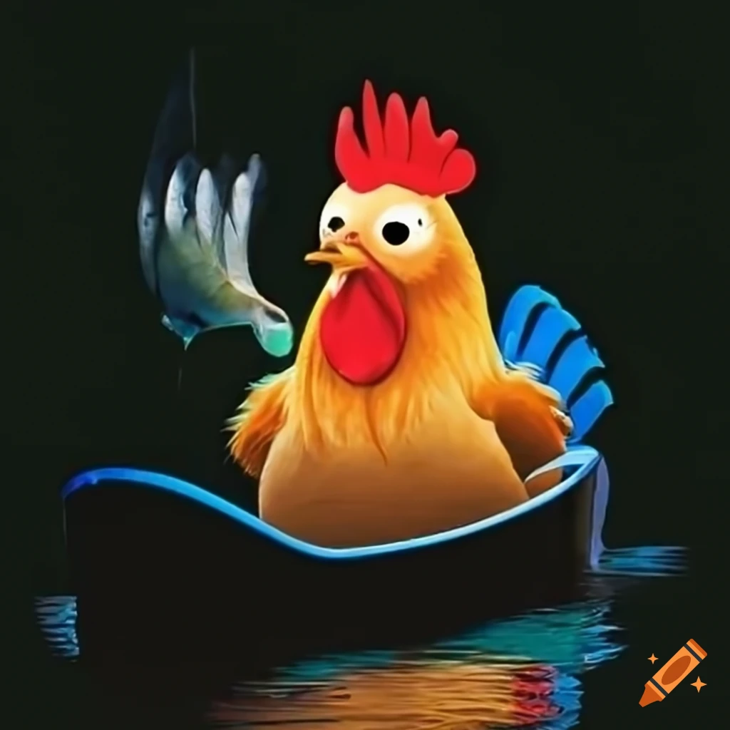 A chicken and a fish on a boat as friends