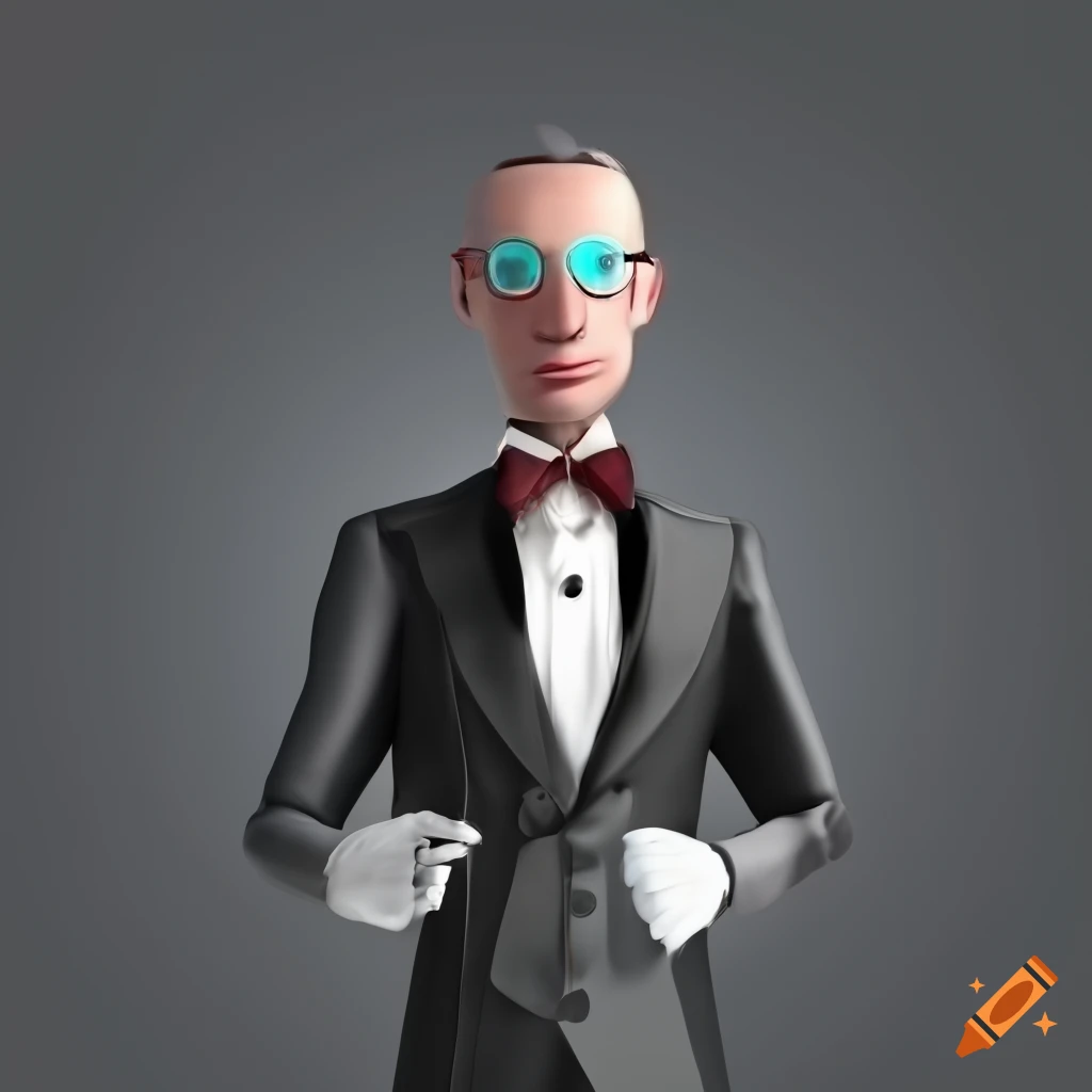 A classy english ai butler dressed in a business suit, 8k, 3d animated ...