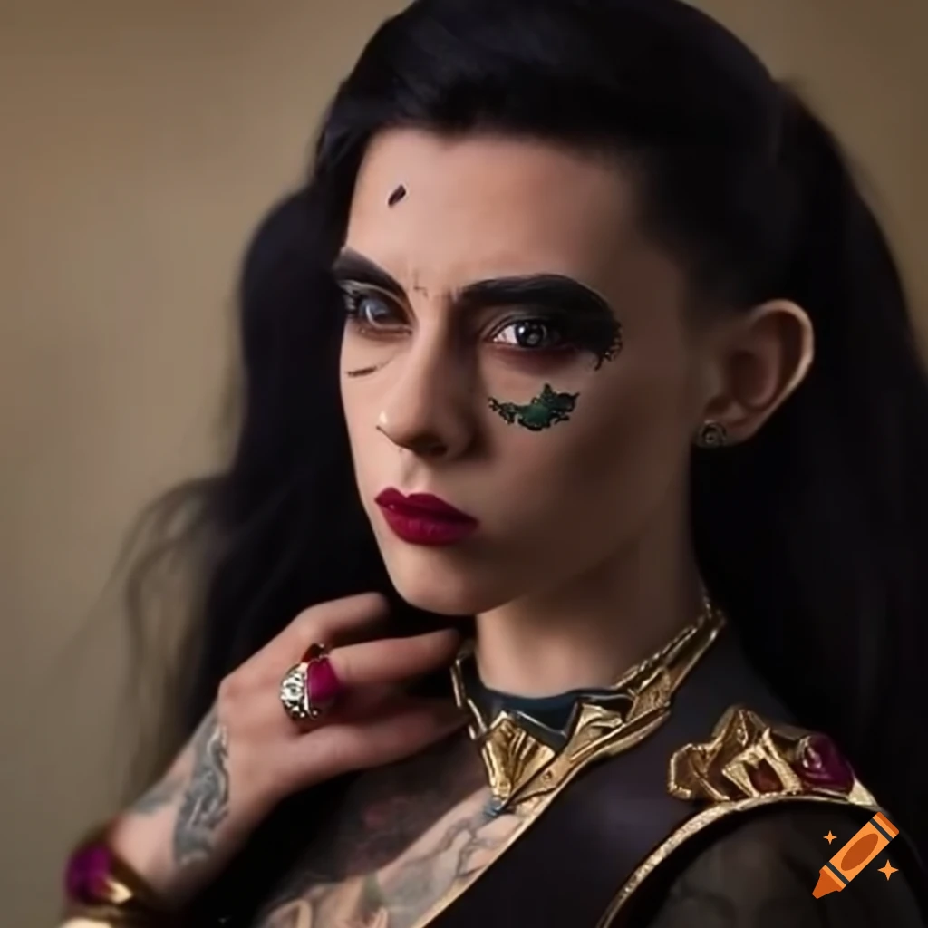 Androgynous Loki with dark hair, wearing gold necklaces, bracelets, lip ...