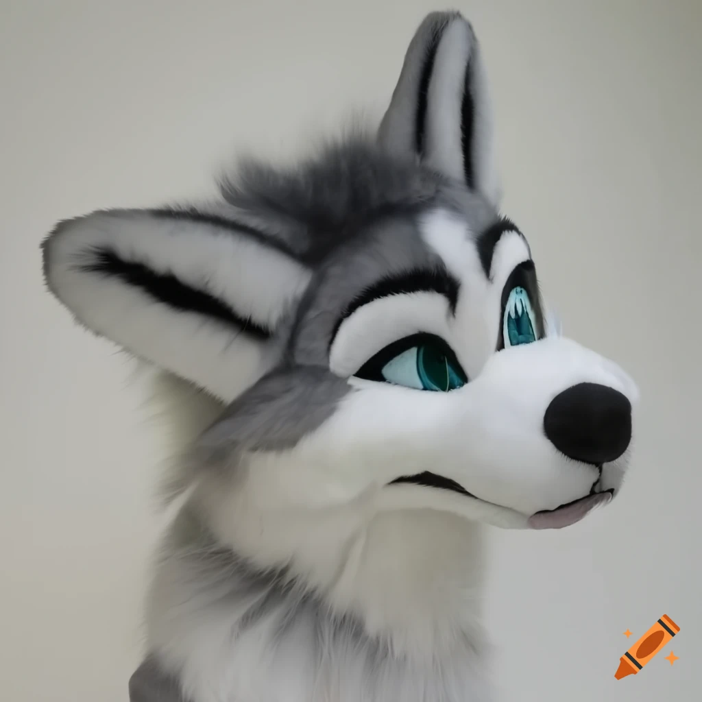 A light grey husky fursuit head, side view on Craiyon
