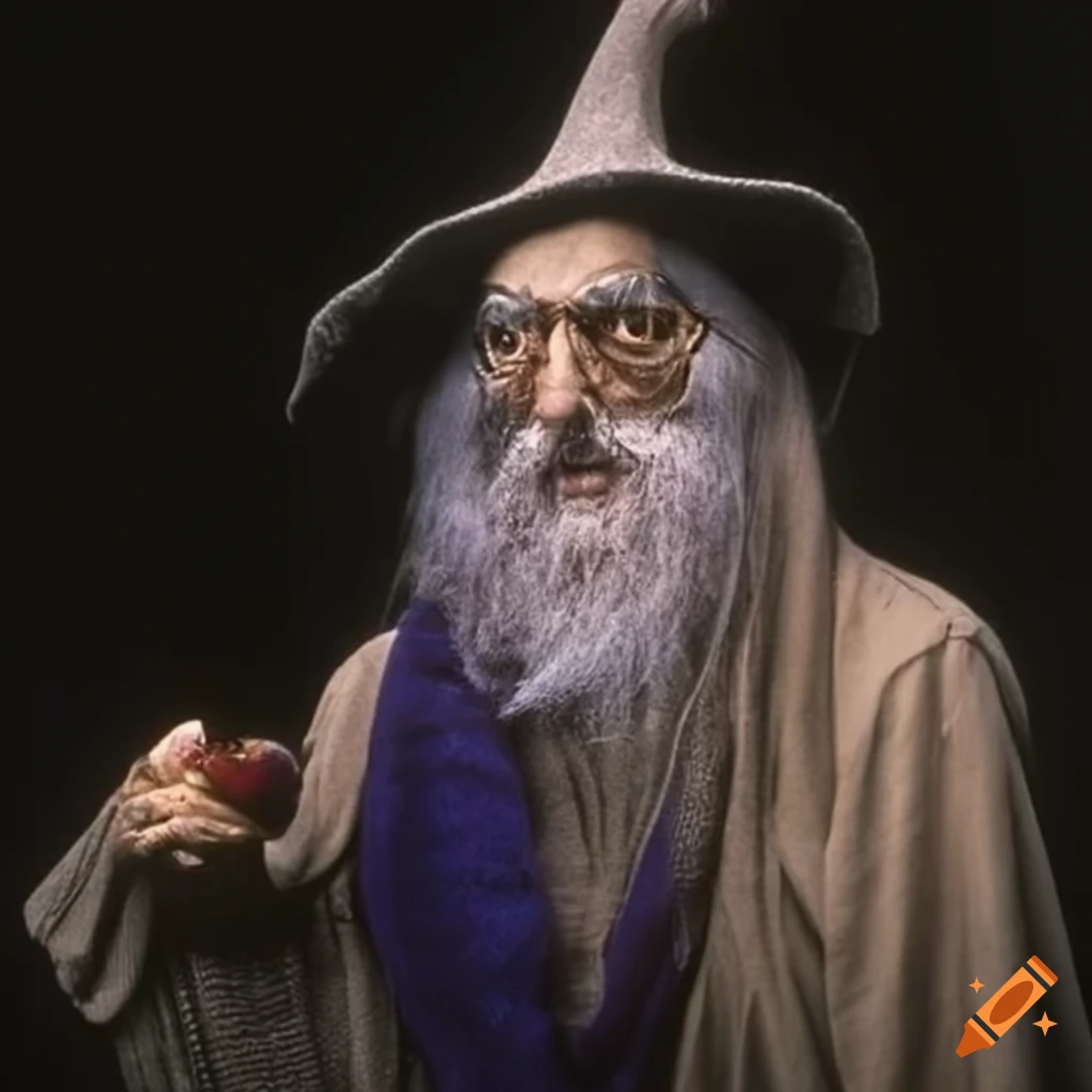 80s dark fantasy old wizard wearing a scarf and eating crickets on Craiyon