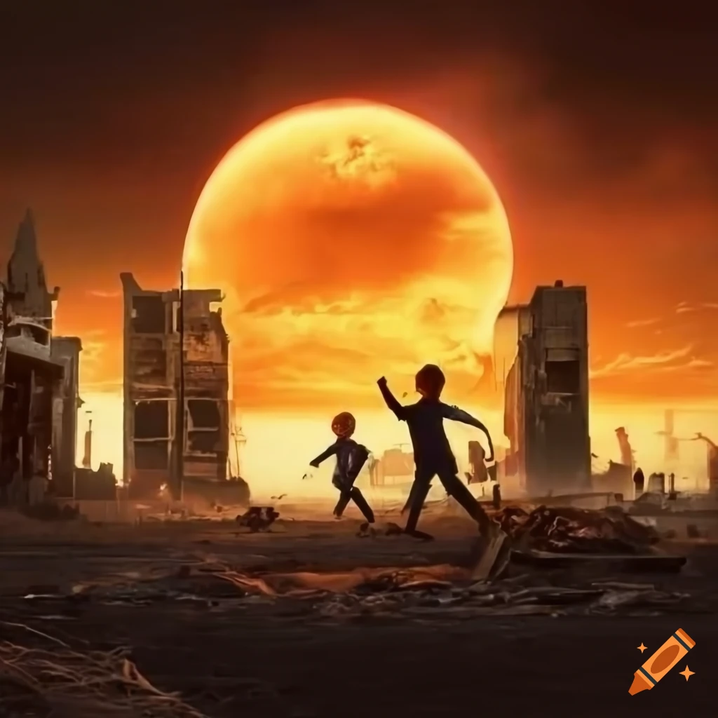 An apocalyptic setting, with destroyed buildings and children playing ...