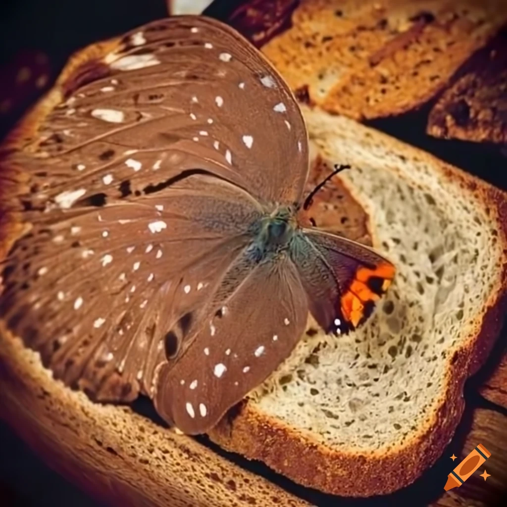 A beautiful butterfly perched on a loaf of rye bread