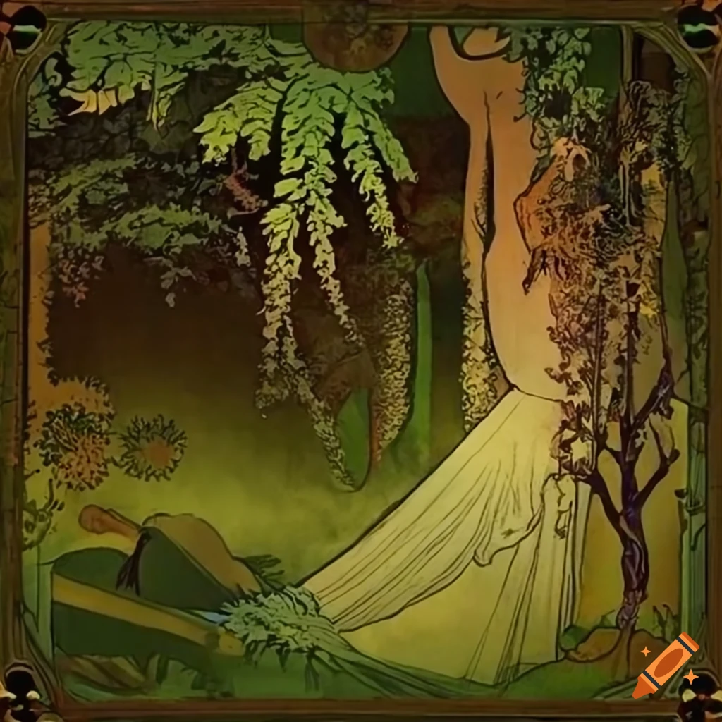 A dreamy landscape at daybreak with dandelion trees, exotic fan-shaped ...