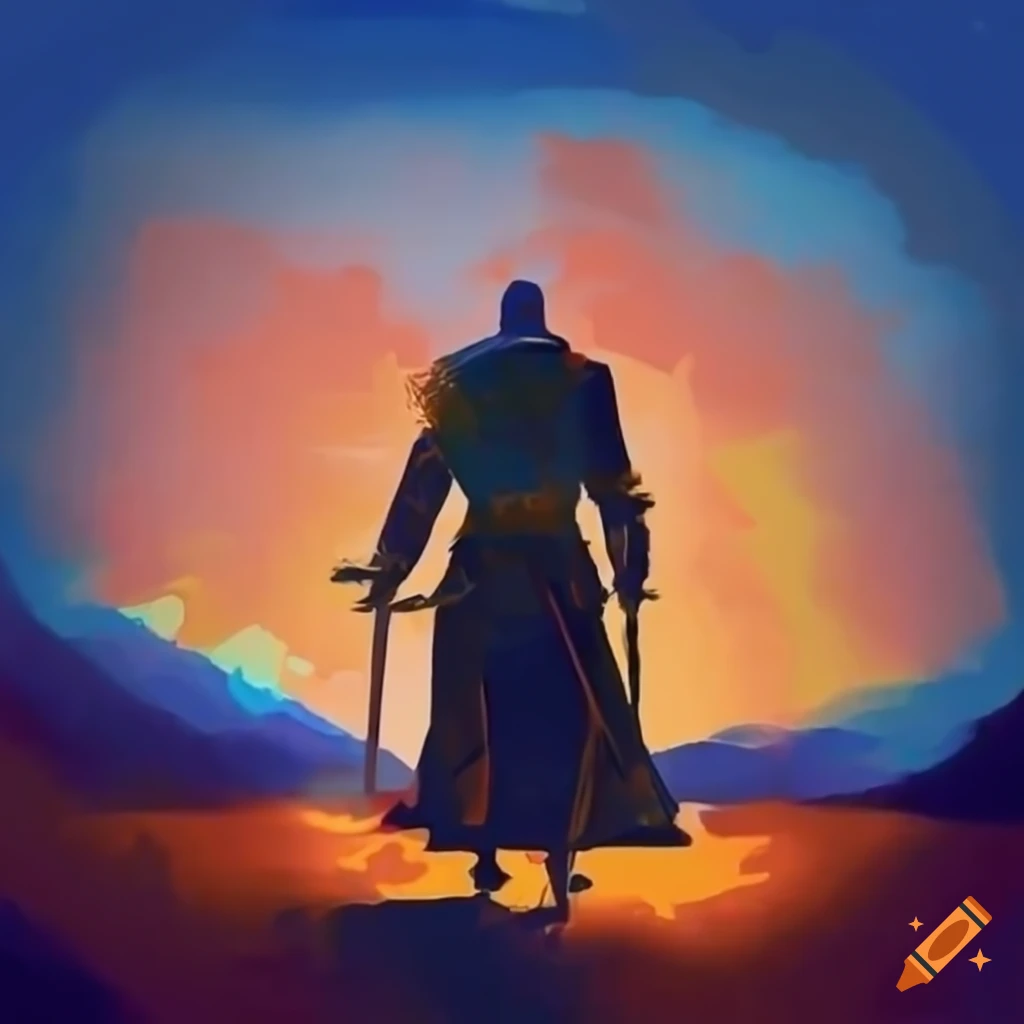 A lone knight walking in a desert under a clear blue sky on Craiyon