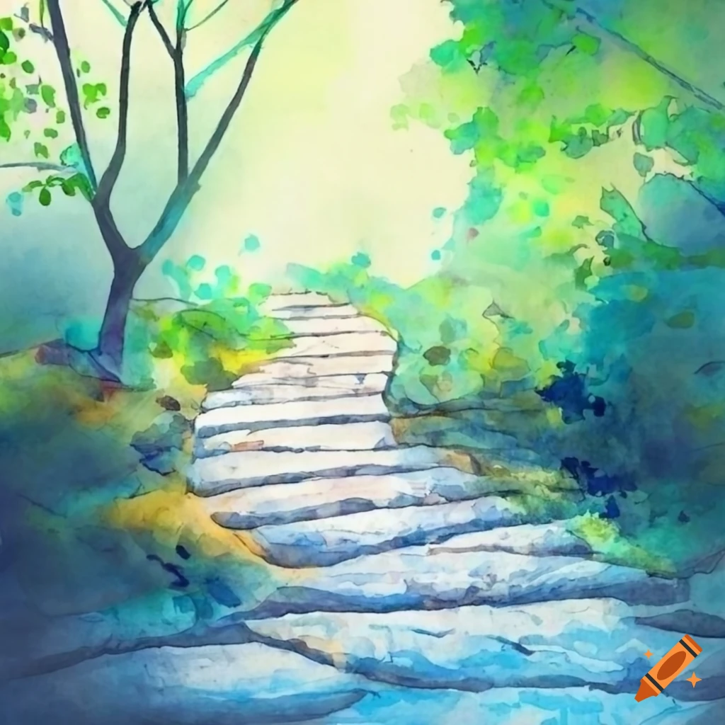 Watercolor stone path leading from the asian arch on Craiyon