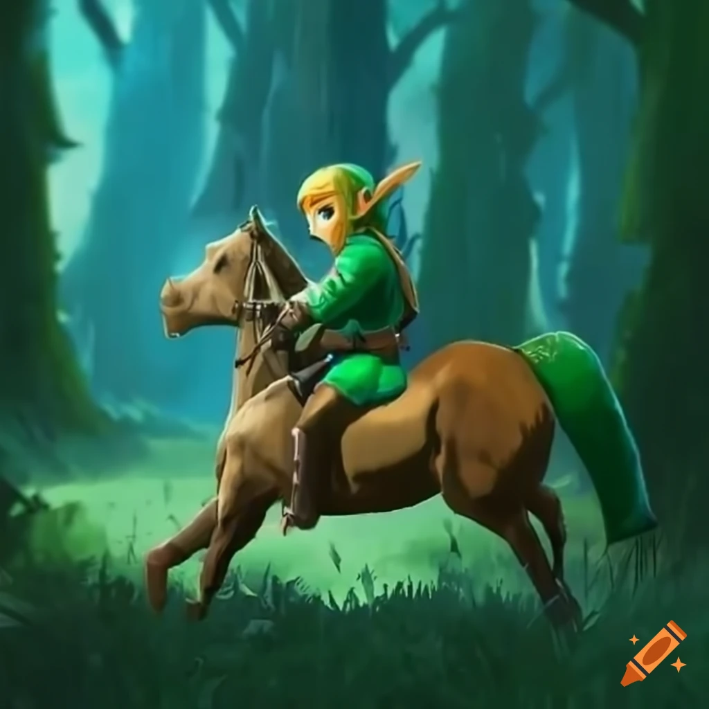 Link from the legend of zelda riding a horse through a forest on Craiyon