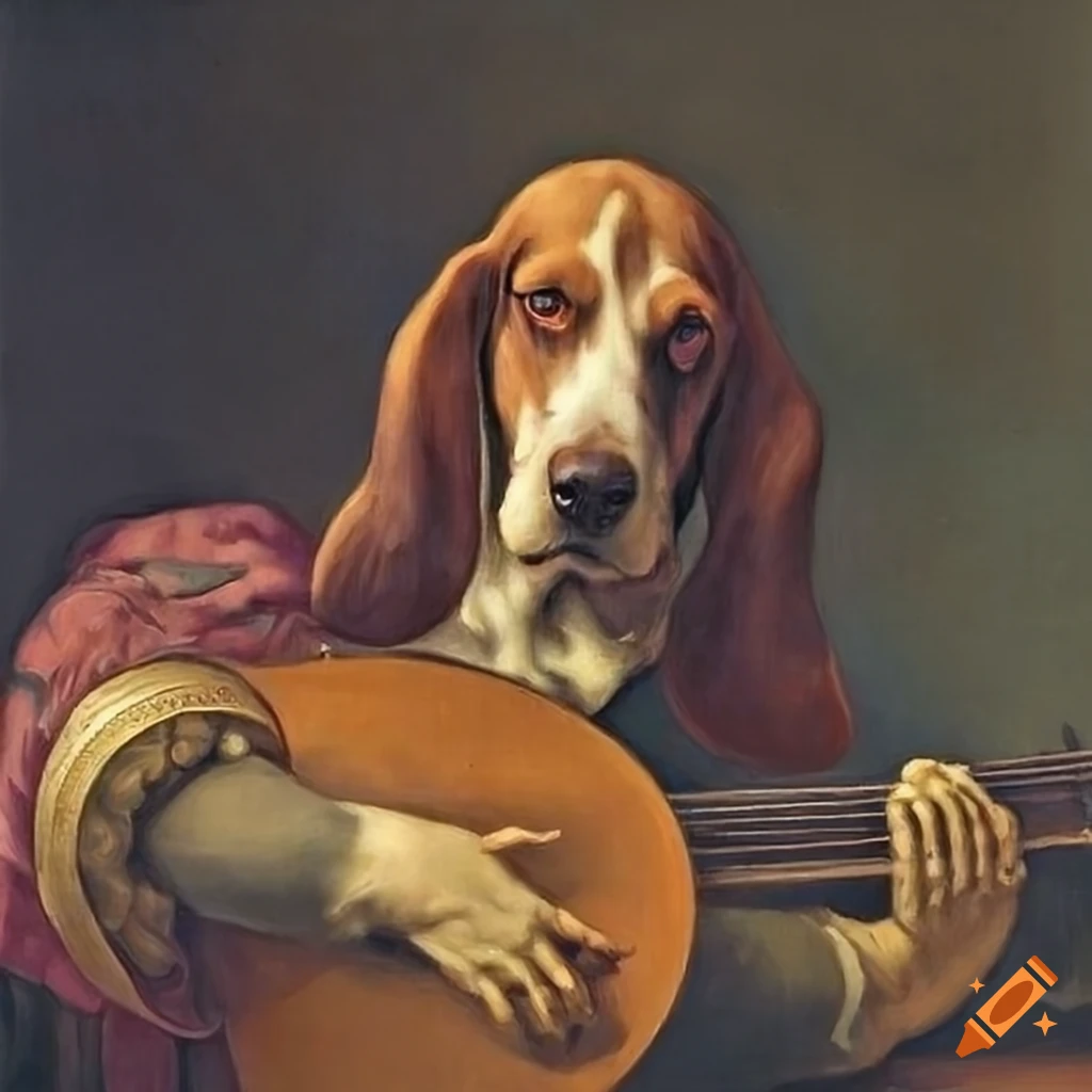 Basset hound playing the lute, renaissance painting on Craiyon