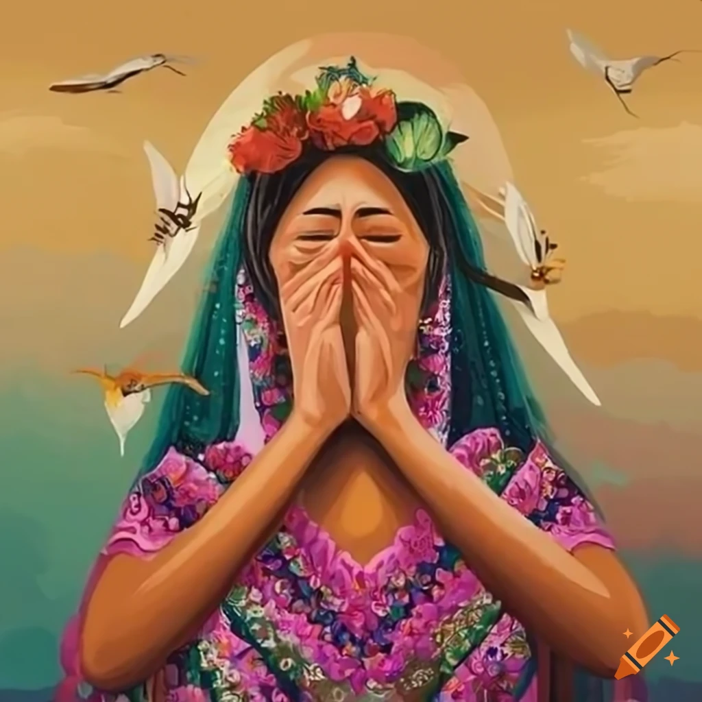 Draw a Mexican woman's face in a mountain with her hands in prayer and ...