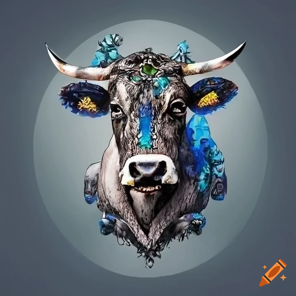 Detailed ink artwork of a magnificent cow adorned with intricate ...