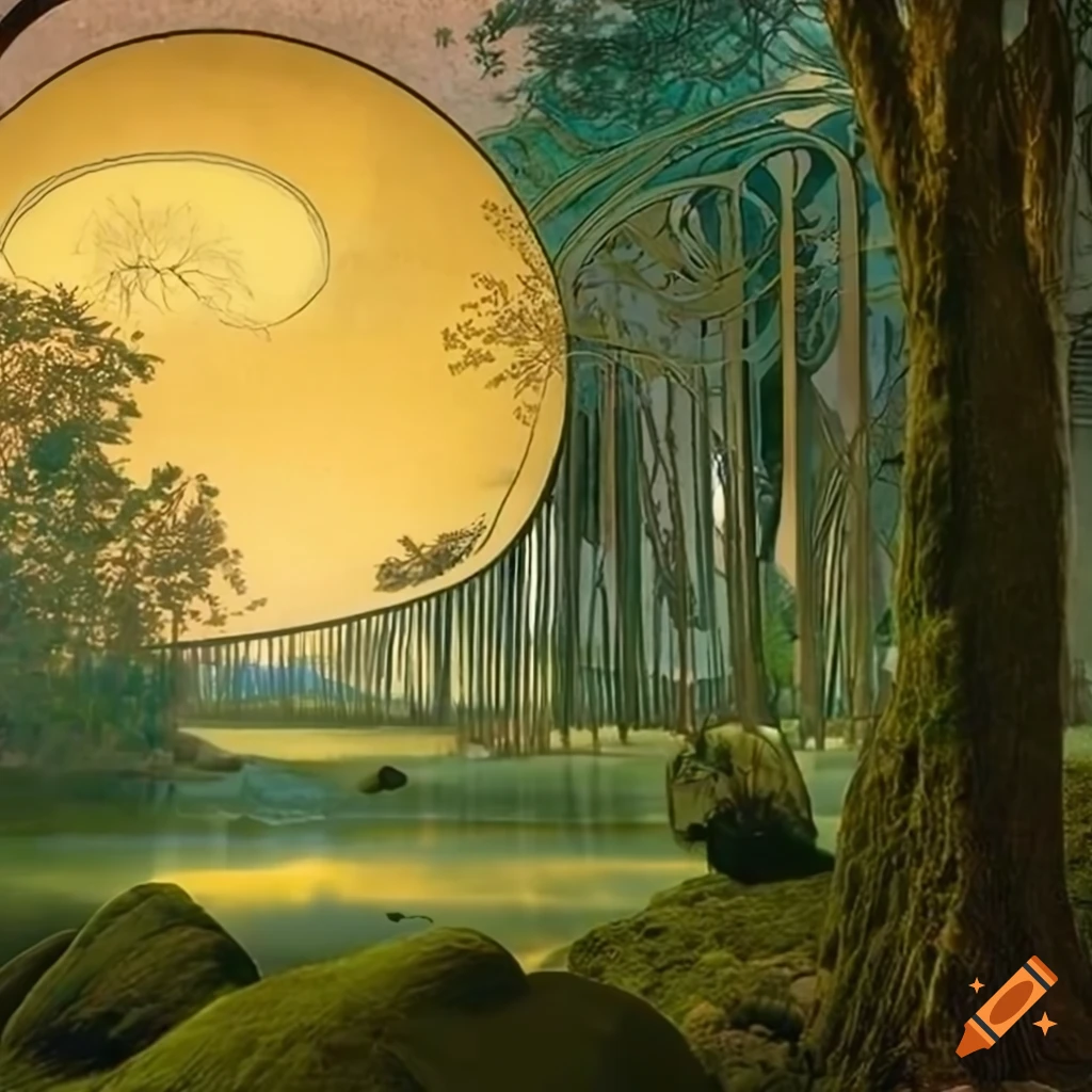 A dreamy landscape at daybreak with dandelion trees, exotic fan-shaped ...