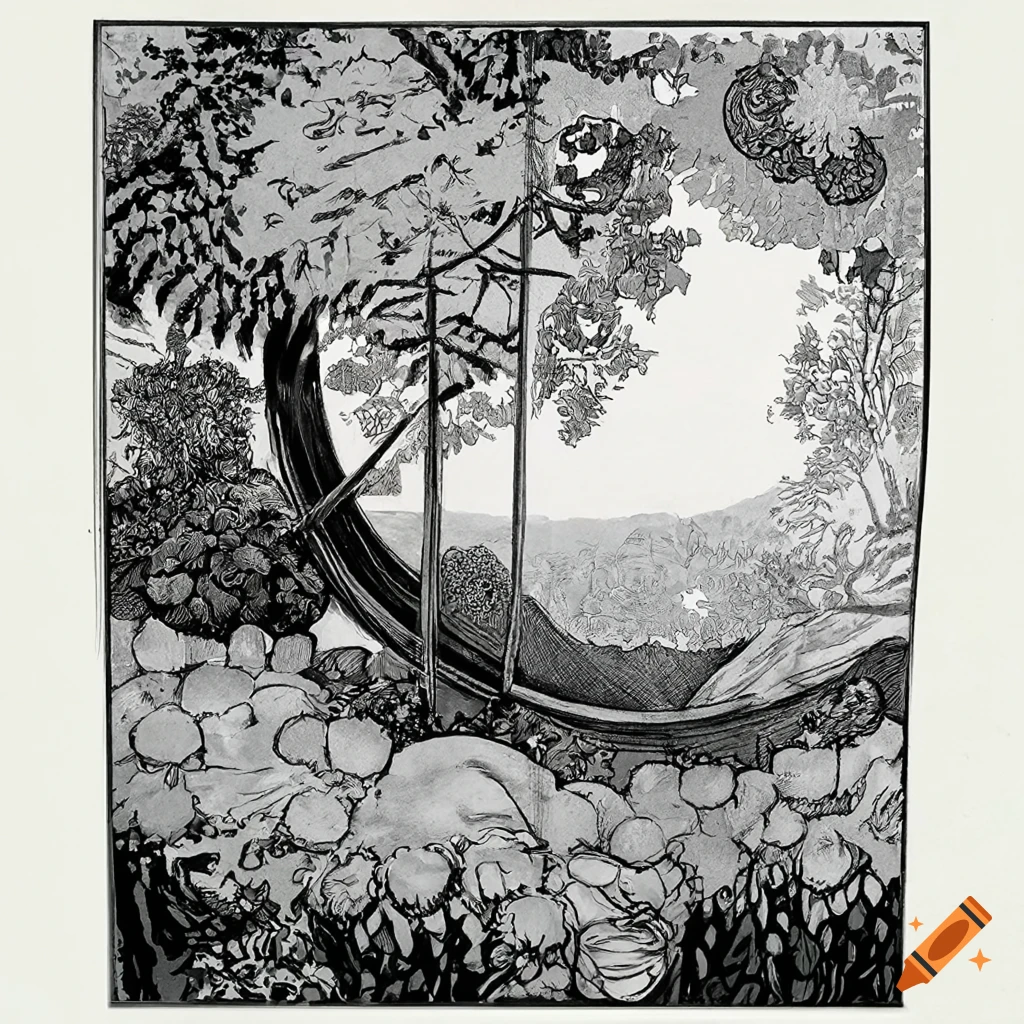 A dreamy landscape at daybreak with dandelion trees, exotic fan-shaped ...