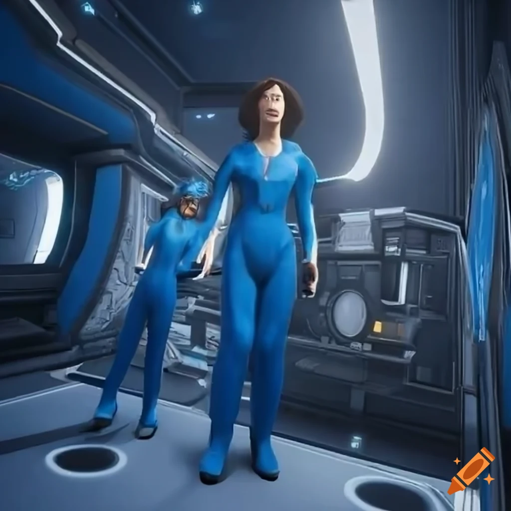 Unreal engine 5 woman and man with blue jumpsuit in spaceship room with ...