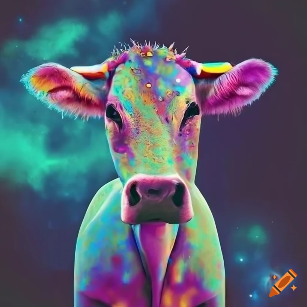A cosmic cow portrait styled with pop colors and surreal details on Craiyon