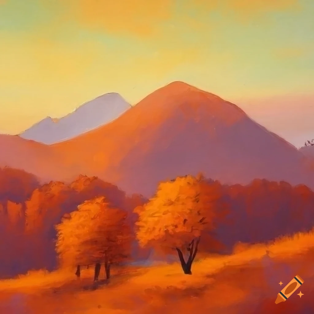 A landscape consisting of an orange forest with a mountain in the ...