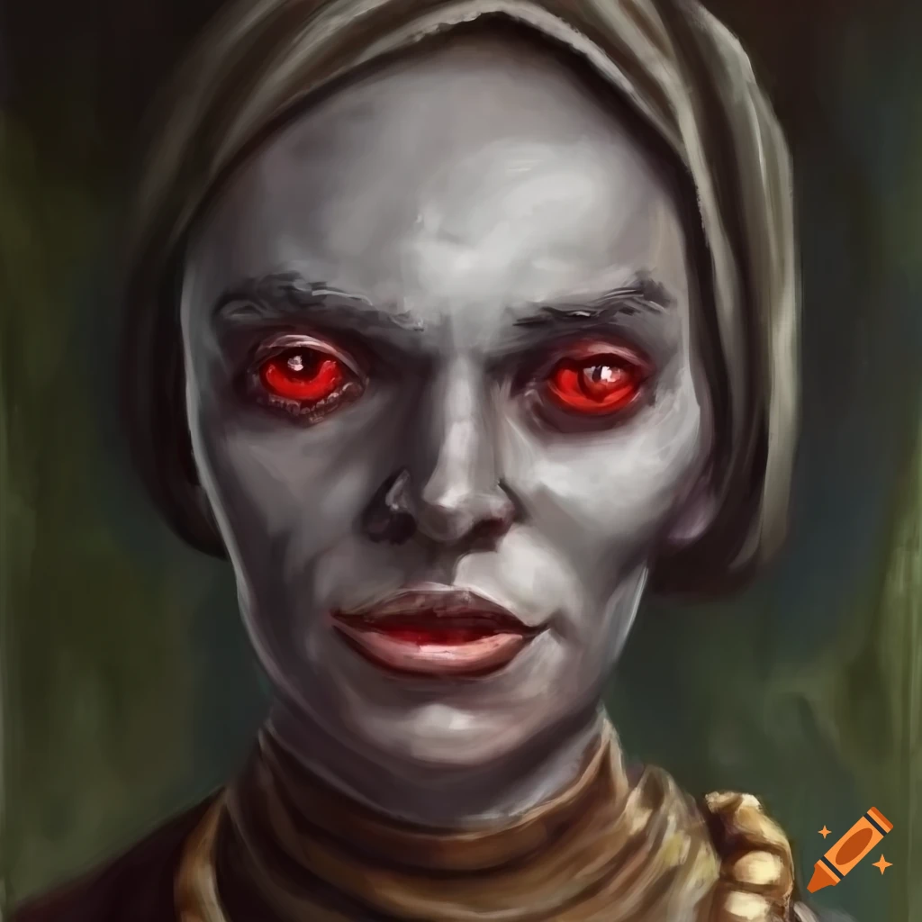 Oil portrait of dunmer from morrowind, grey skin, red eyes on Craiyon