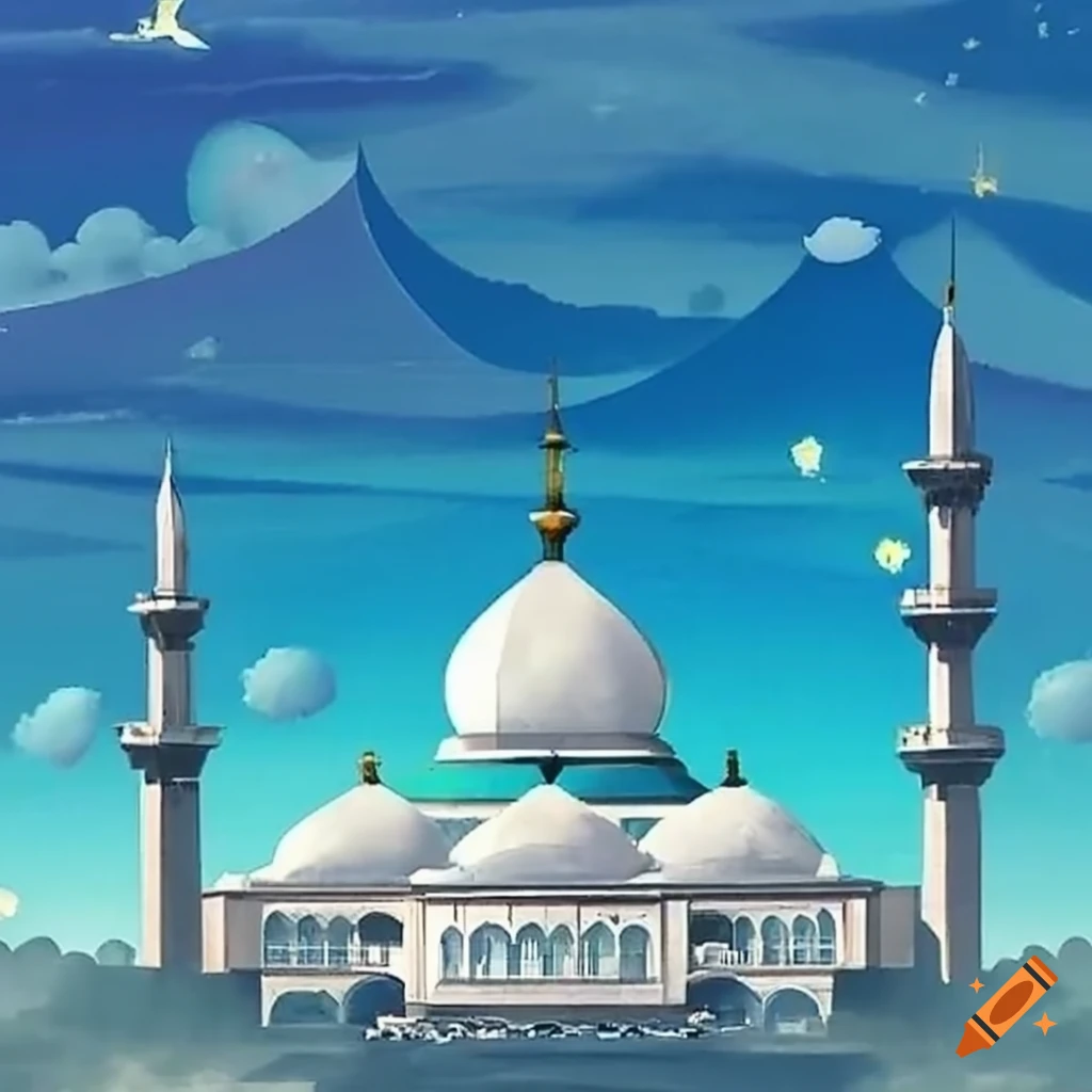 A magnificent glass mosque hovering in the sky