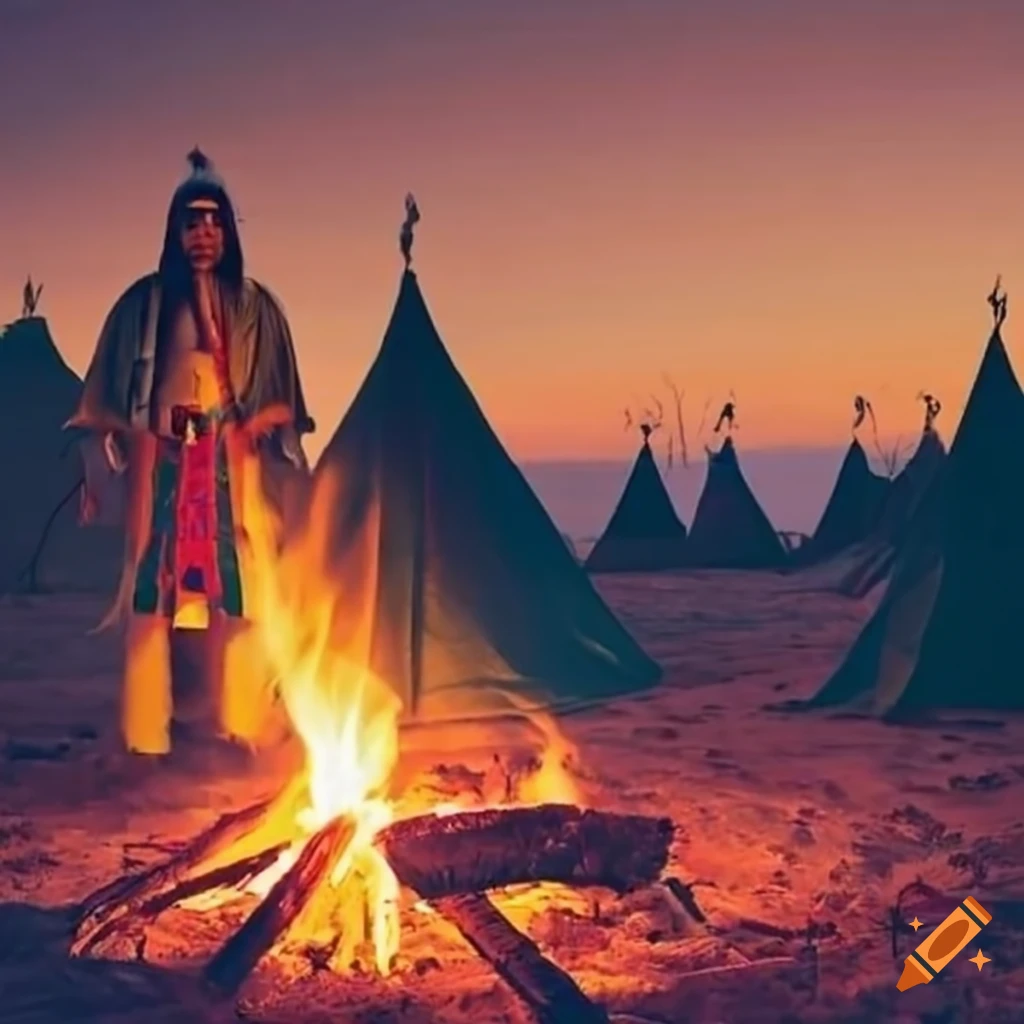 American native indians around camp fire with tent in sunset on Craiyon