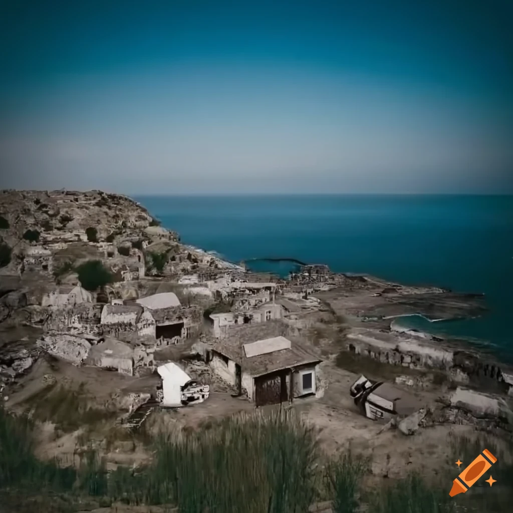 A grey rustic mining town near an old harbour on Craiyon