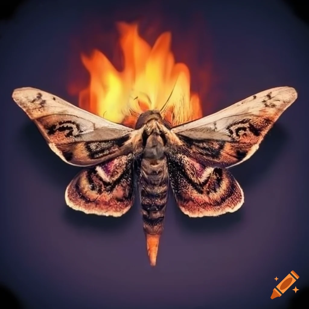 A deaths head moth in front of a roaring fire