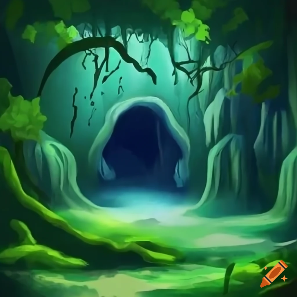 Magical cave in a green forest on Craiyon
