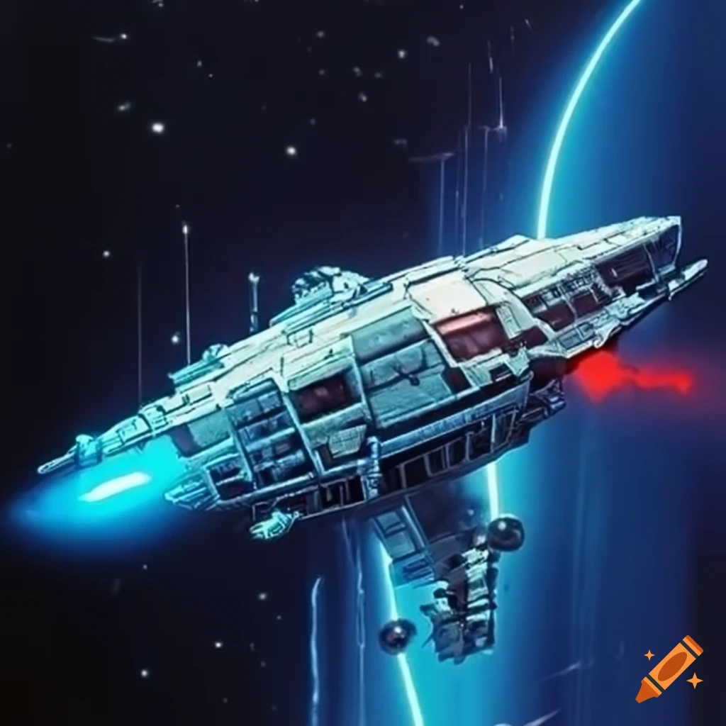 70s sci fi two spaceships battling laser attack