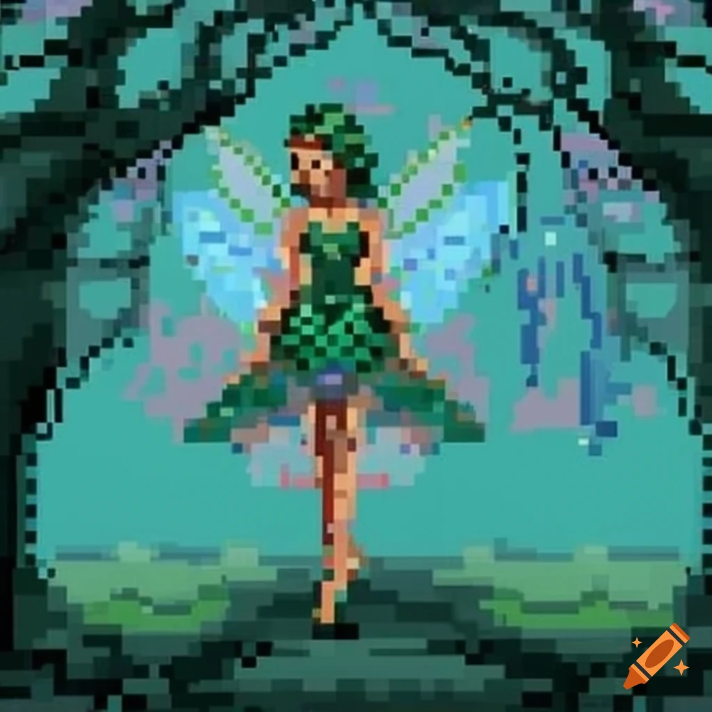 Pixel art of a fairy perching on an enchanting elder tree on Craiyon