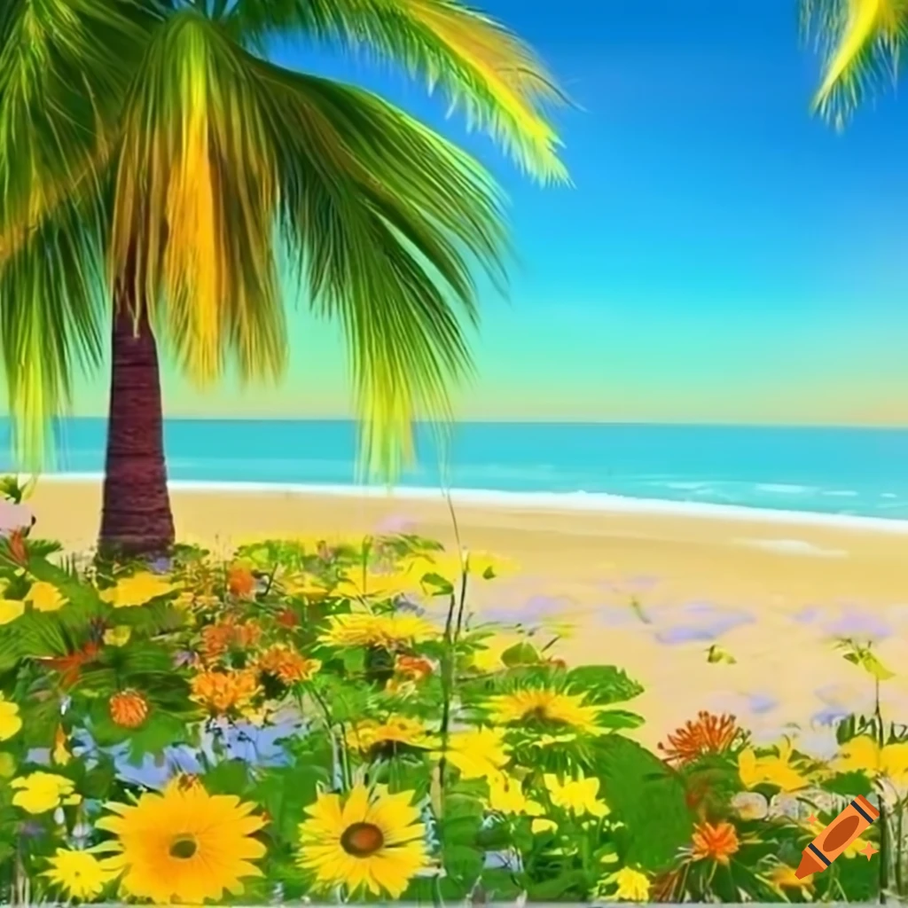 Beach rainbow meadow palm trees flowers cg on Craiyon