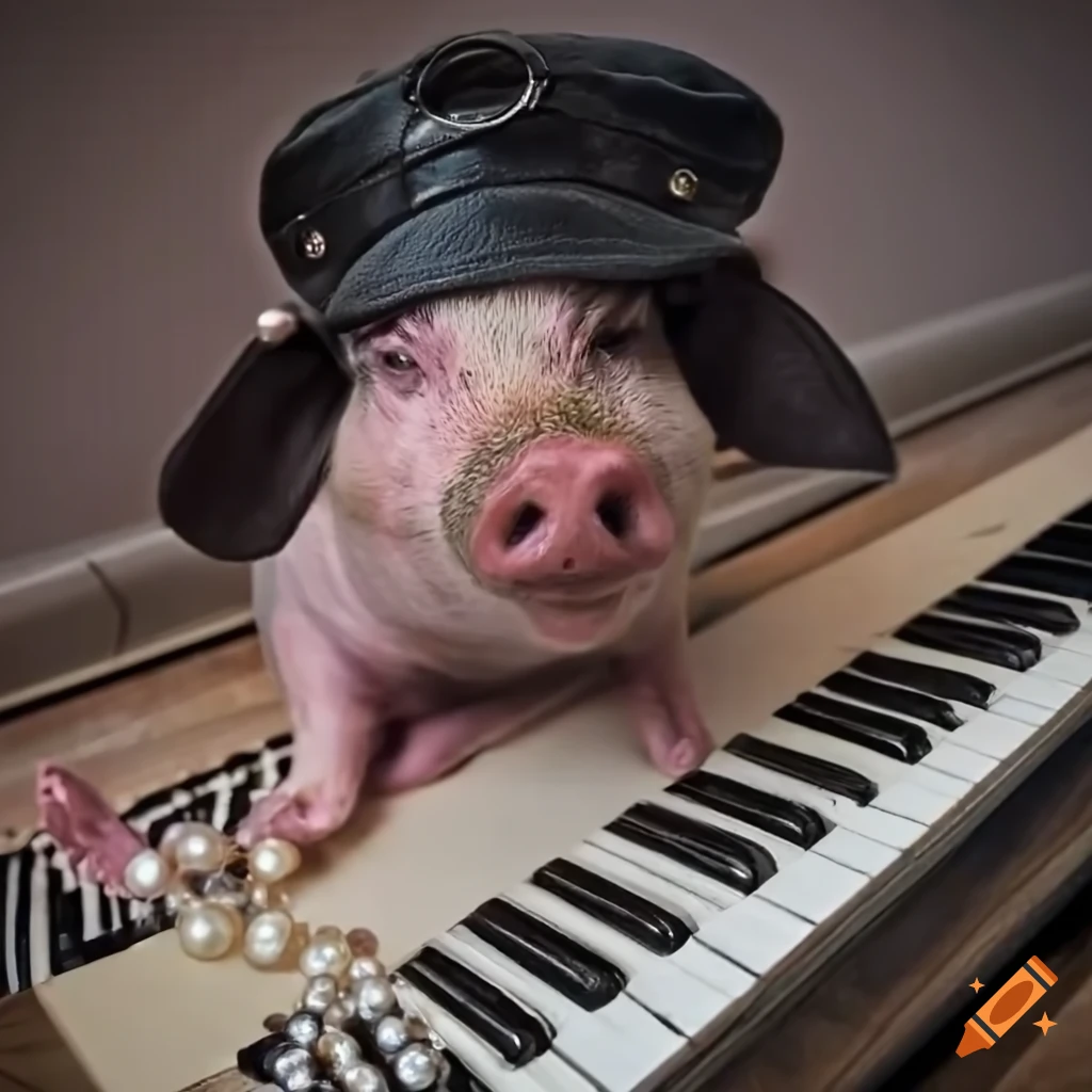 Pig wearing leather cap and pearl necklace sitting at a keyboards on ...
