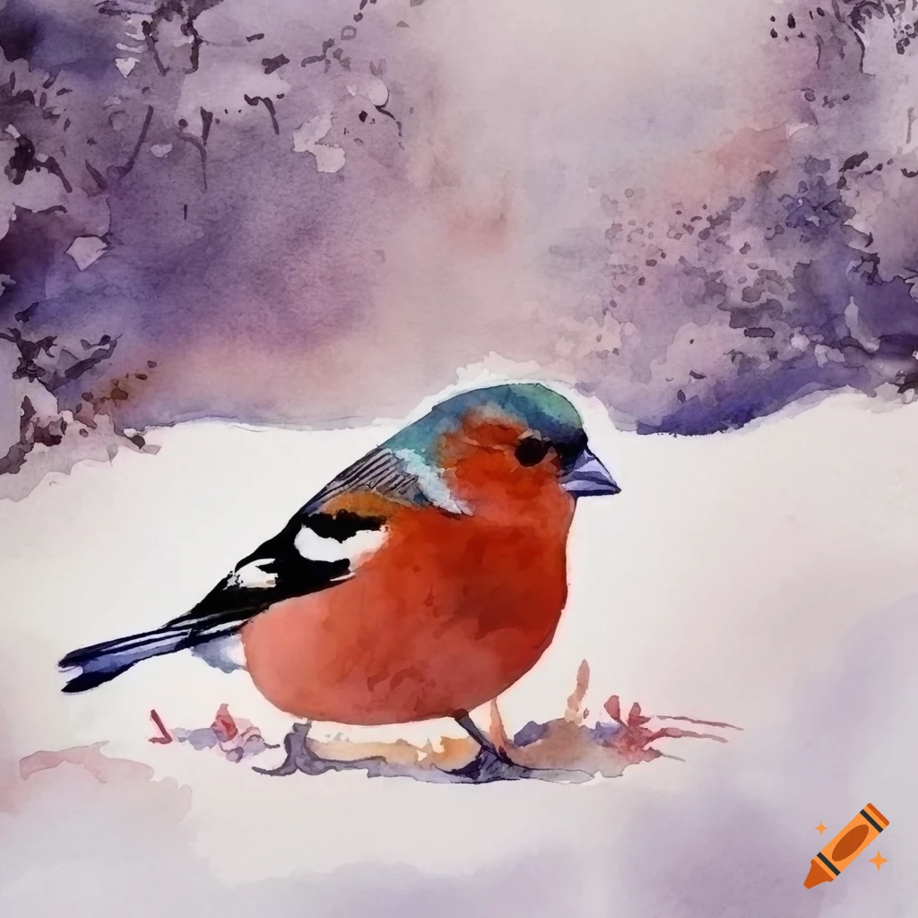 Vibrating watercolor, chaffinch painted with watercolors and splashes ...