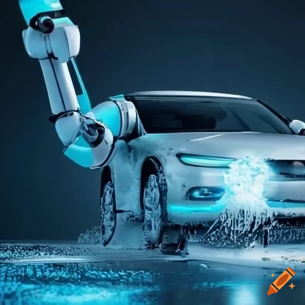 Automated robotic arms washing a car with precision