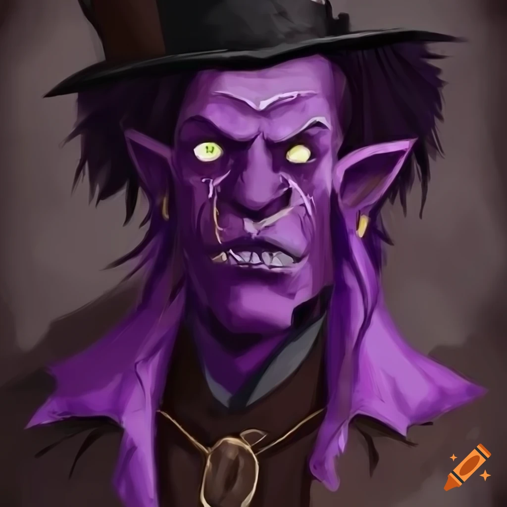 A mysterious purple half-orc with a stylish black hat on Craiyon