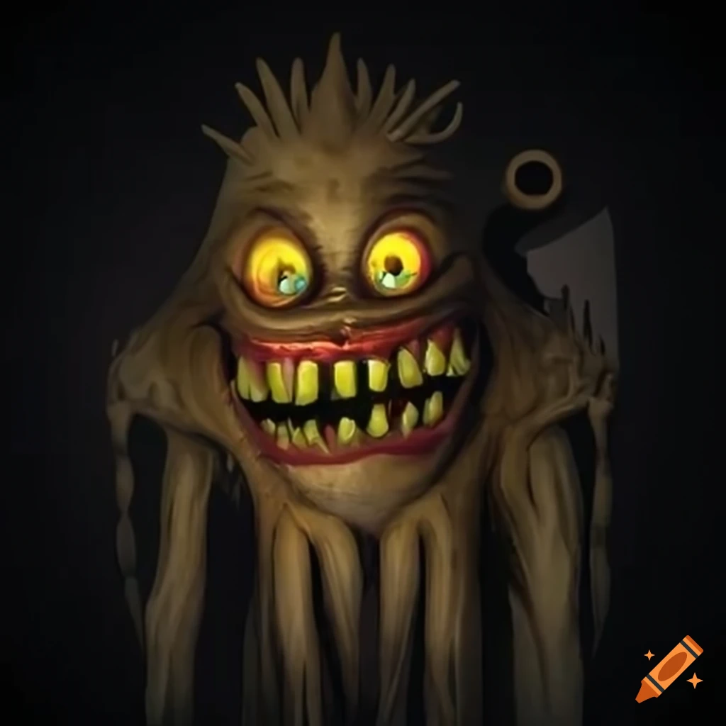 A monster house with a mouth with sharp pointy teeth and glowing yellow ...