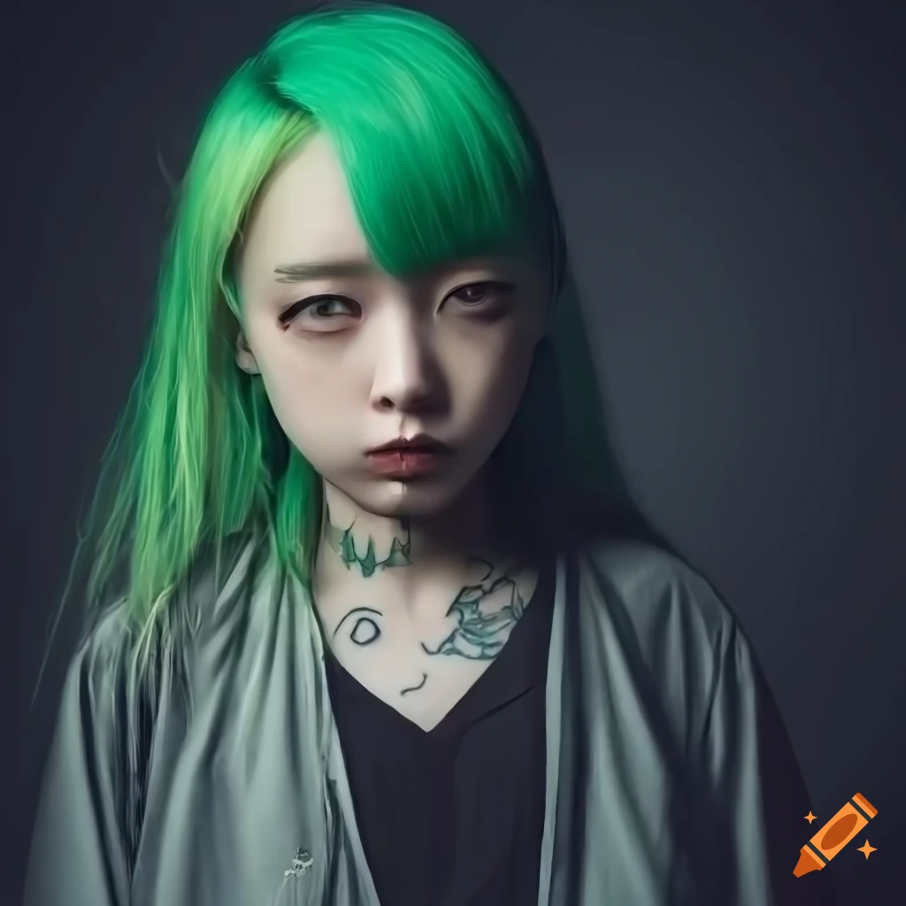 Green Haired Young Androgynous Person With A Moth Tattoo Wearing Oversized Harajuku Open