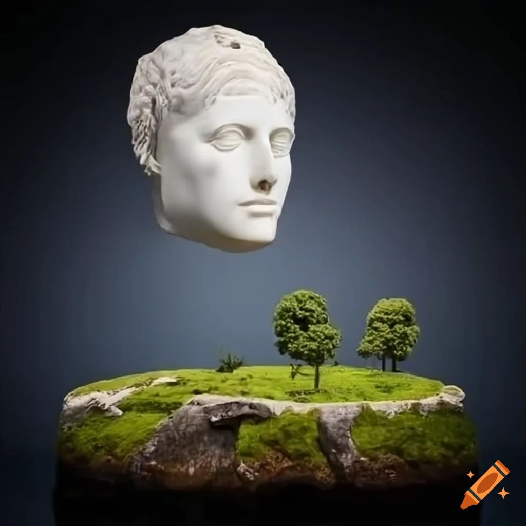 Floating island with a large half buried marble statue of a human head ...