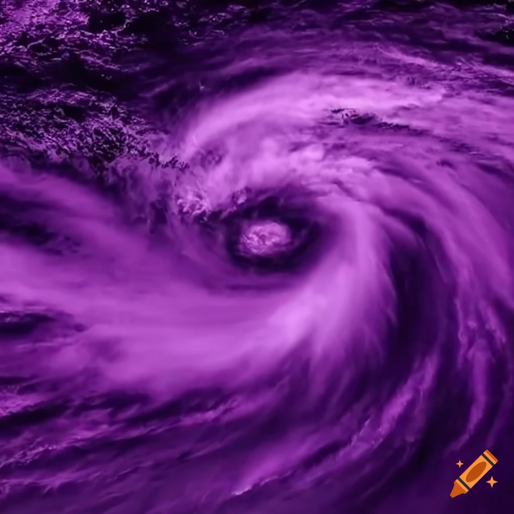 Purple color raging ocean during a hurricane under a pink color sky on ...