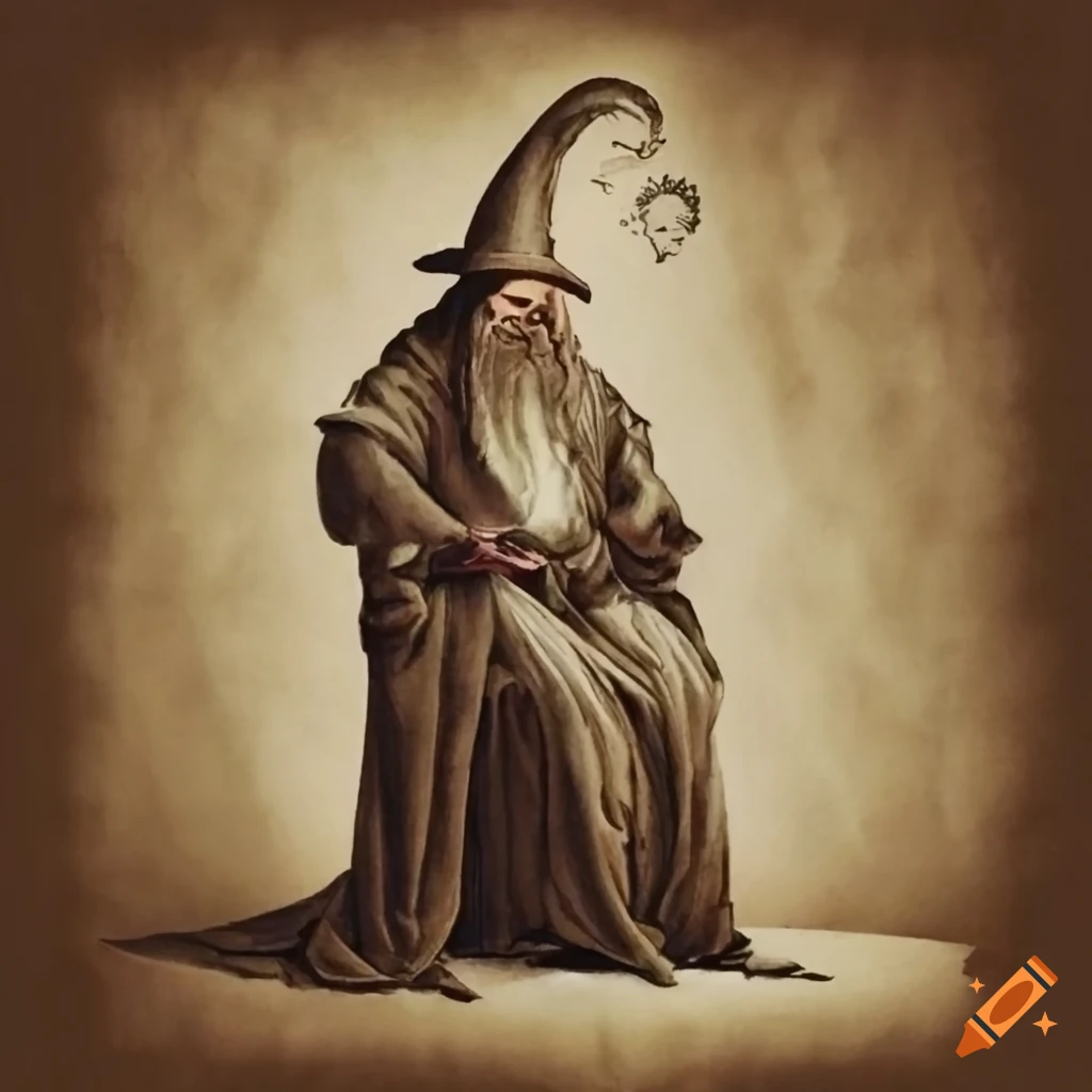 Wizard in ornate robe sitting, sepia ink on parchment