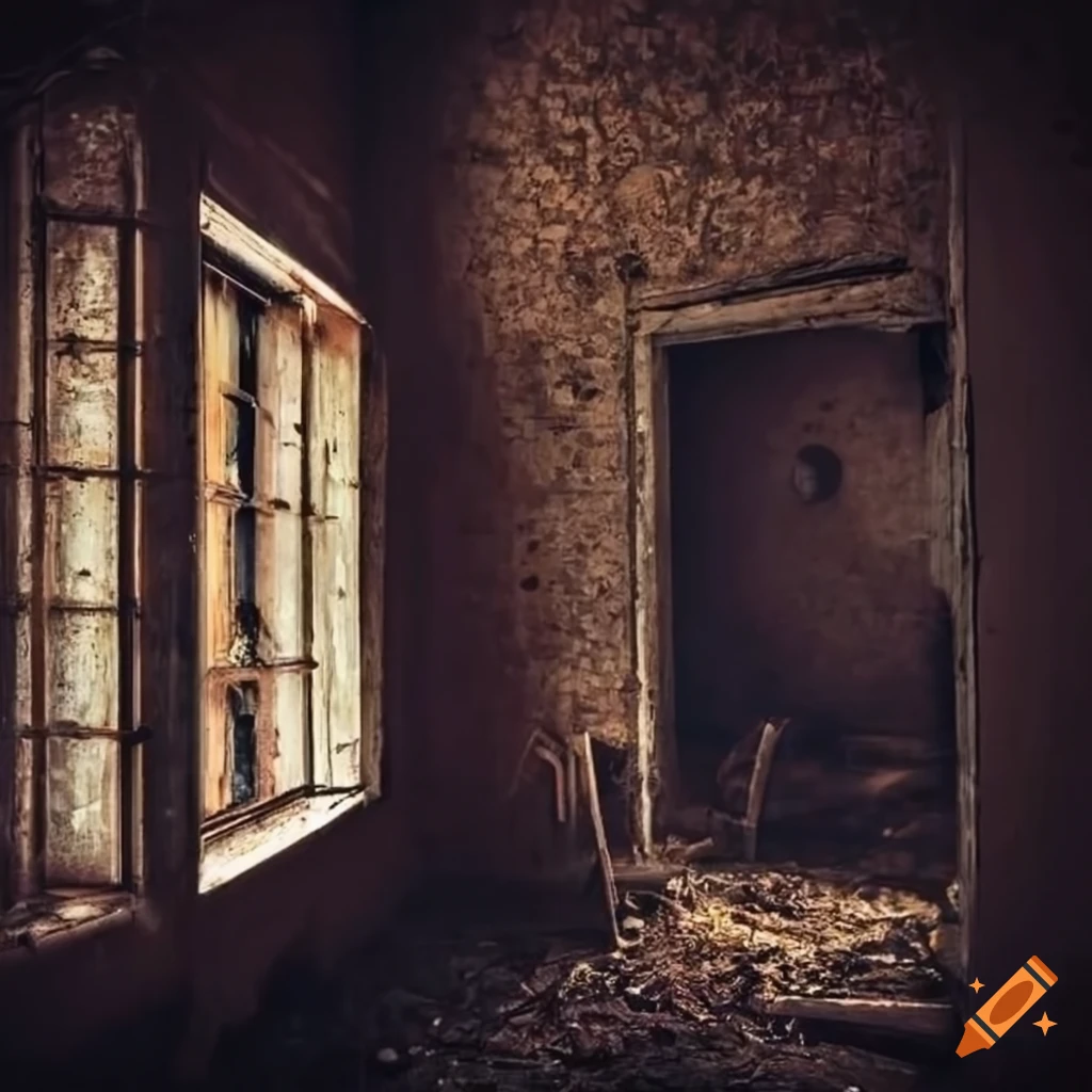 Interior of an abandoned house, underground, with side light entering ...